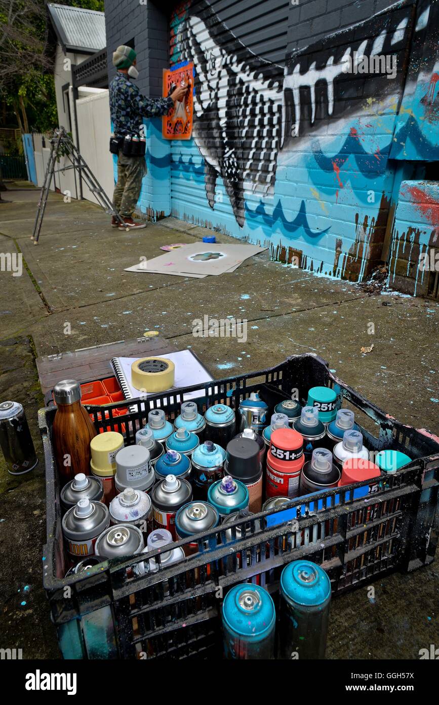 Australia. 06th Aug, 2016. Street artist 'Nitsua' completes his newly ...