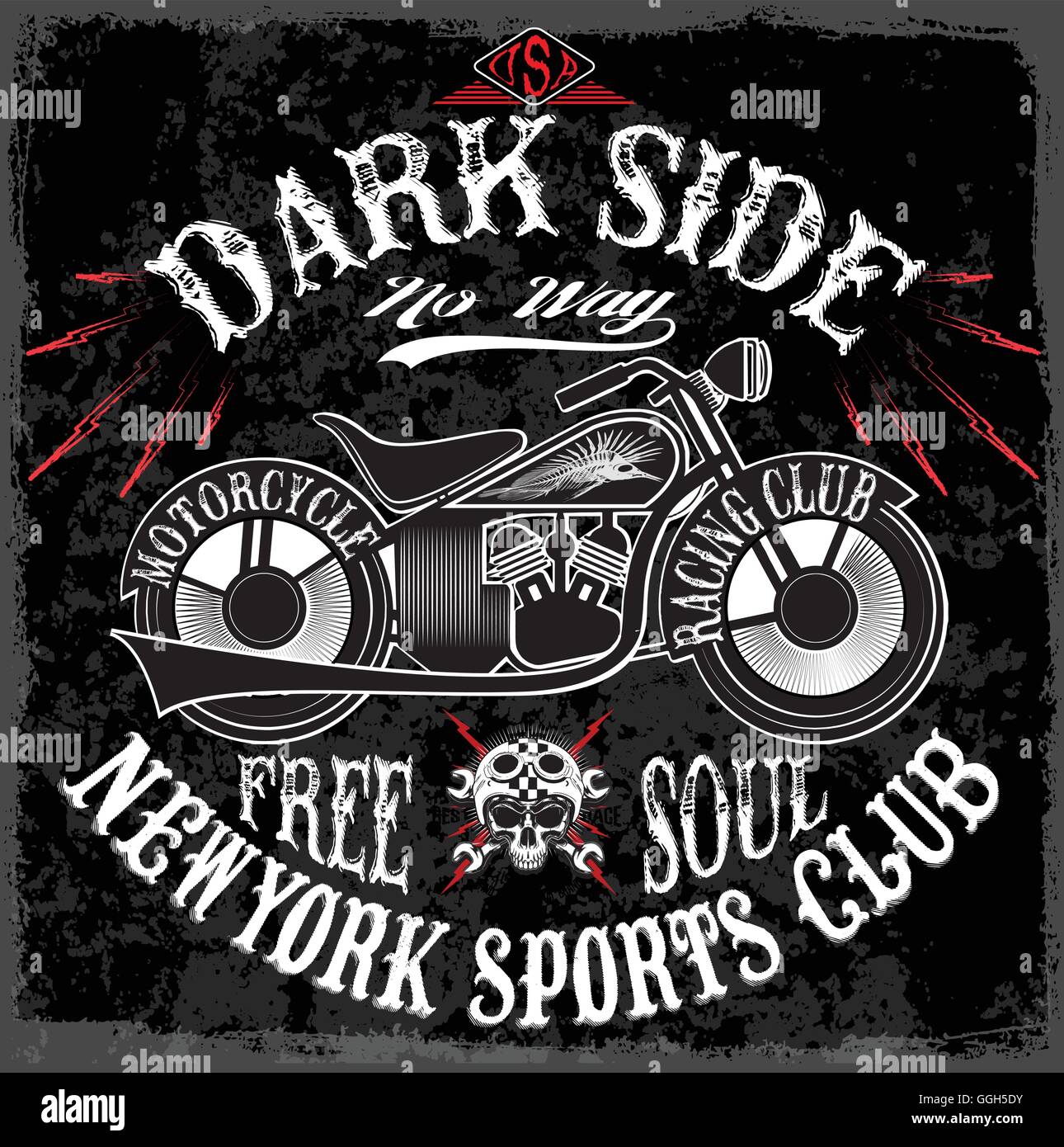 T-shirt print with motorcycle on dark background and grunge texture ...