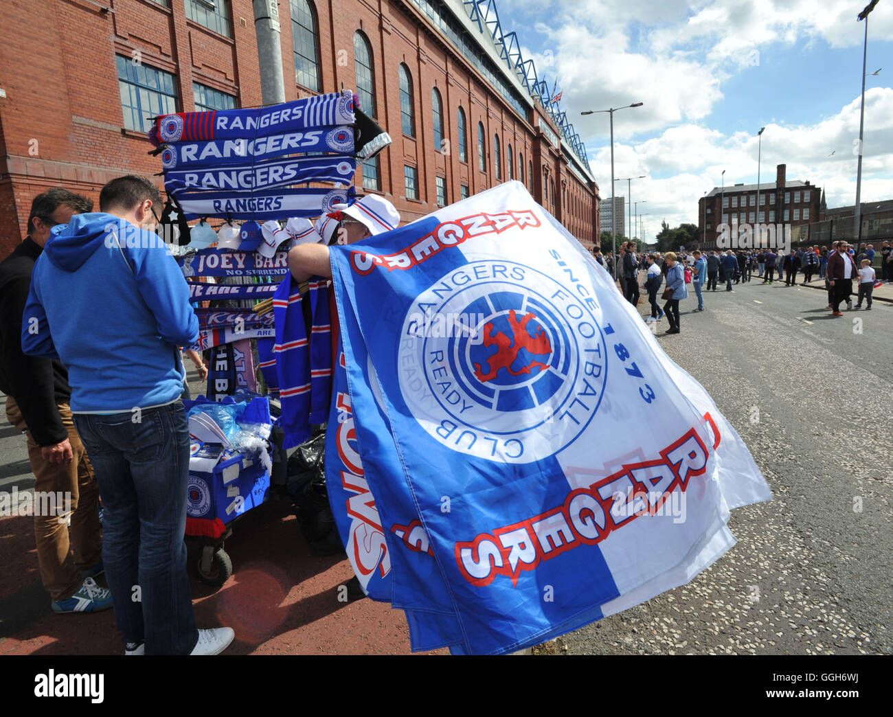 Merchandise seller outside Ibrox stadium before the Ladbrokes Scottish ...