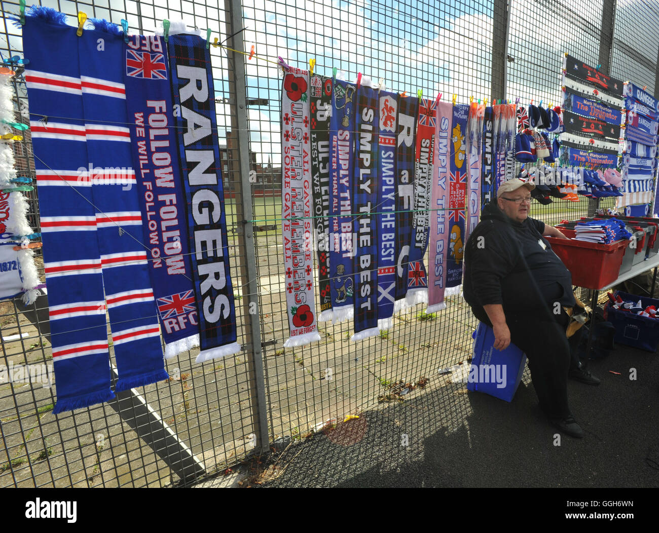 Merchandise seller outside Ibrox stadium before the Ladbrokes Scottish ...