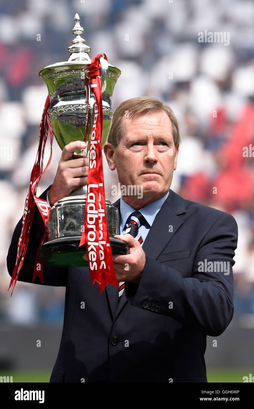 Rangers Chairman Dave King holds the 2015/16 Championship trophy before ...