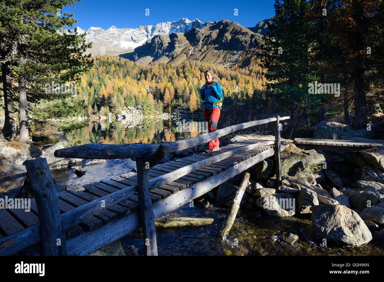Woman hiking along the shore of lake Saoseo (2028 m) with Scima di ...