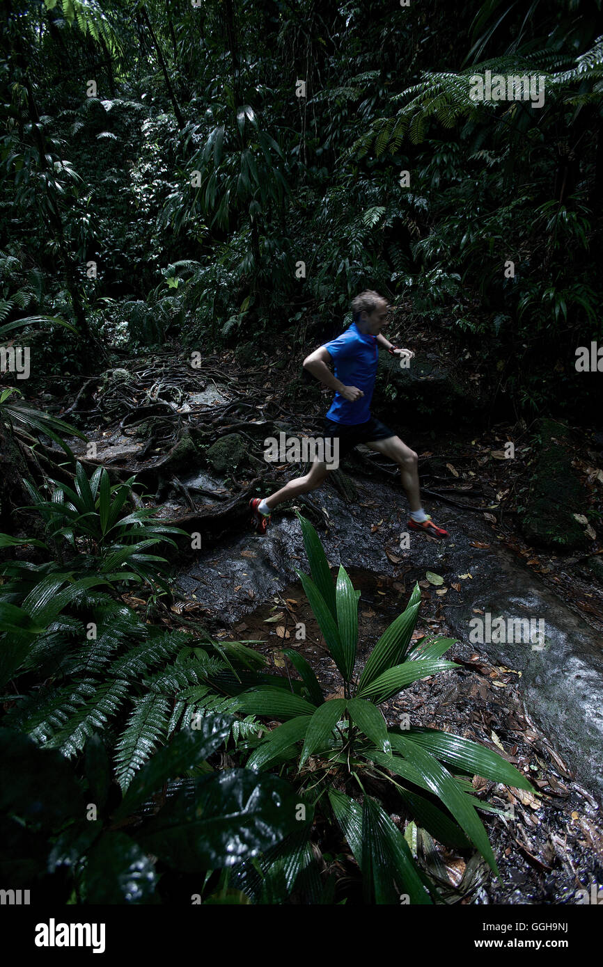 Young man running through a jungle, Dominica, Lesser Antilles ...