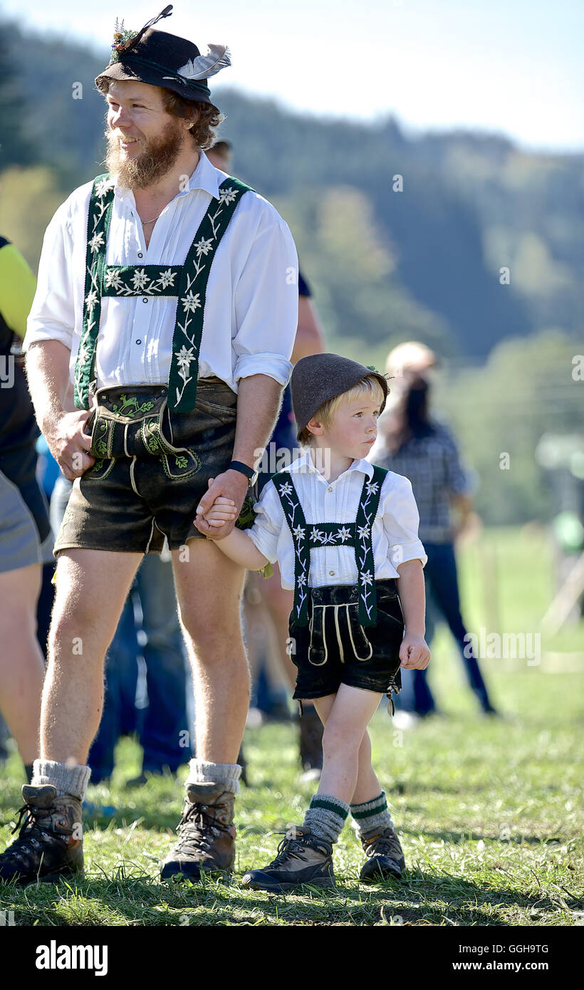 Man and boy wearing traditional clothes, Viehscheid, Allgau, Bavaria ...