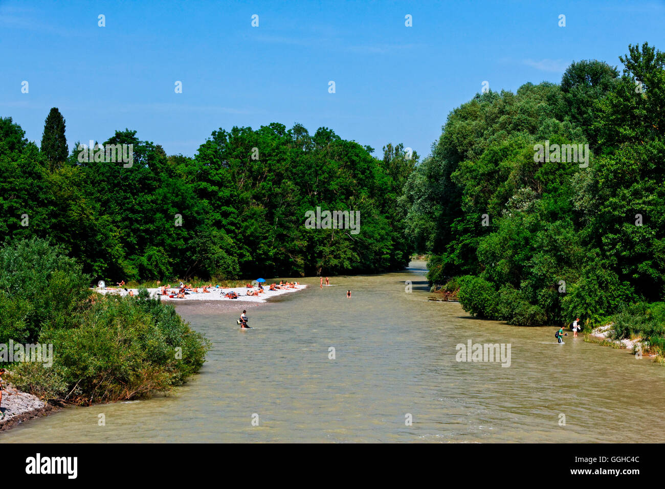 People bathing at Flaucher, river Isar, Munich, Upper Bavaria, Bavaria ...