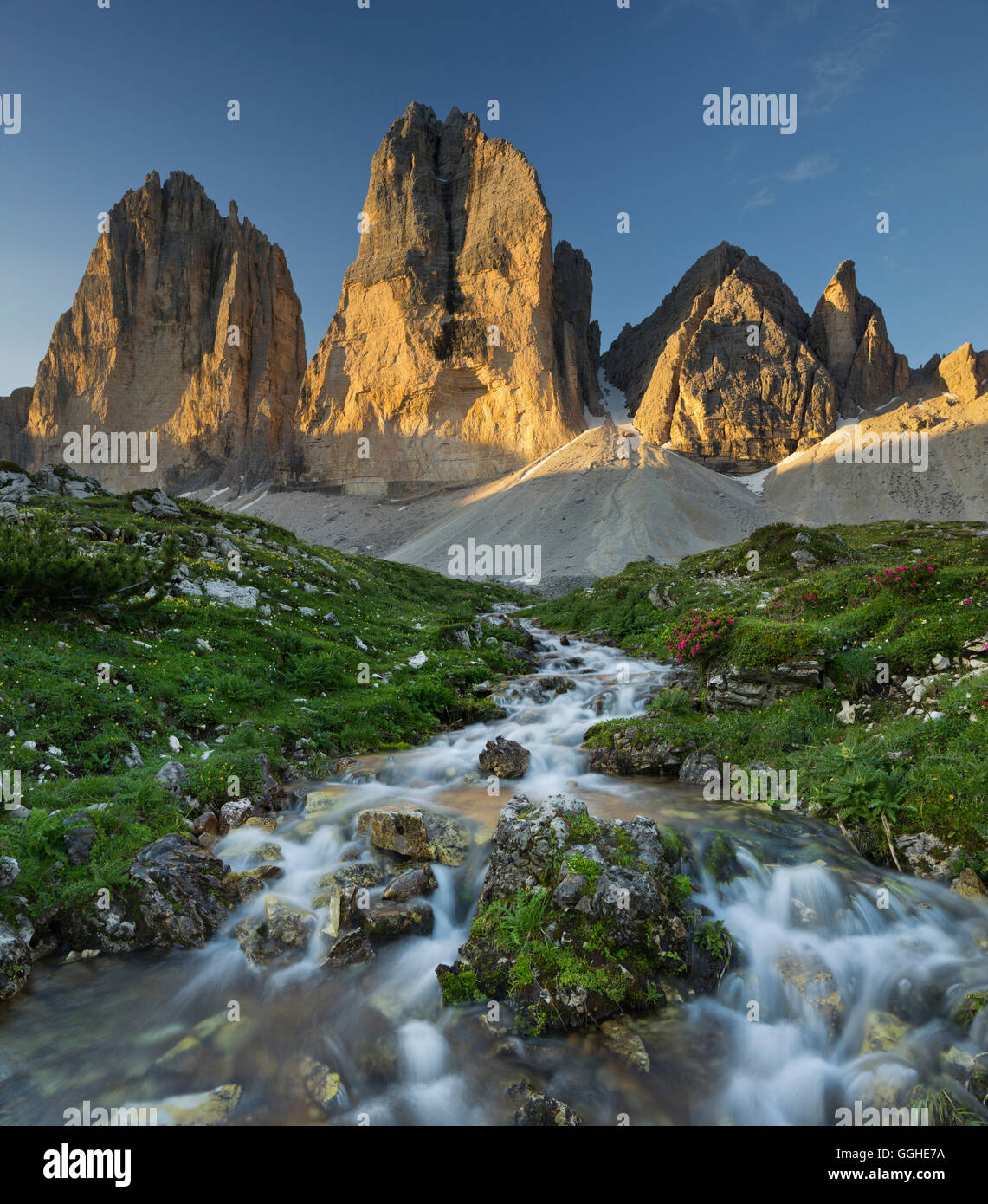 Tre Cime Di Lavaredo, north faces with stream, Alp, South Tyrol ...