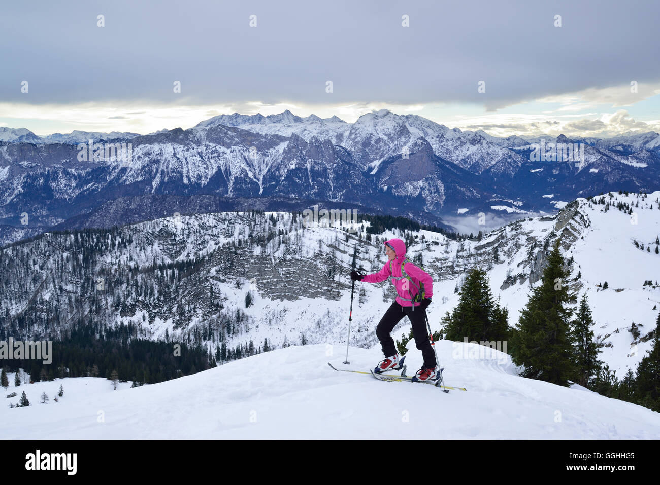 Female back-country skier ascending to Sonntagshorn, Berchtesgaden Alps ...