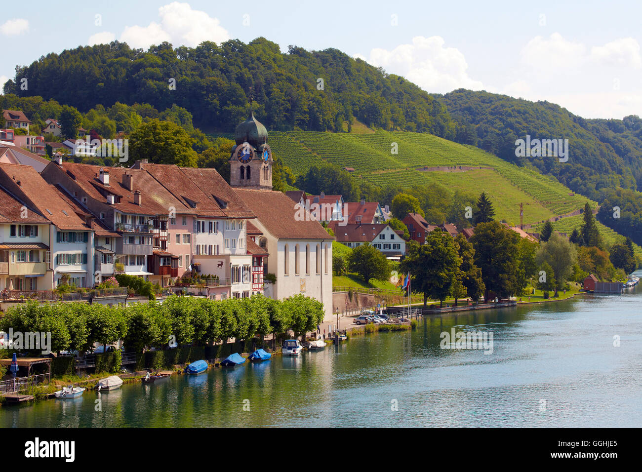 View of Eglisau and vineyards along the river Rhine, Hochrhein, Canton ...