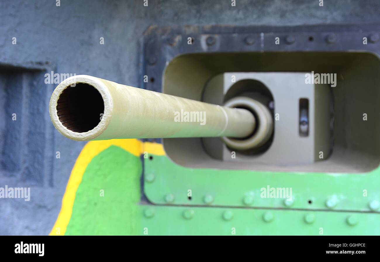 Wide angle closeup shot of cannon in defense concrete bunker Satov in ...