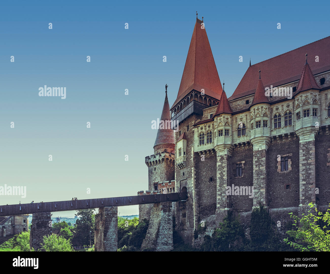 Hunedoara, Romania - July 23, 2016: Medieval Corvin Castle with long ...
