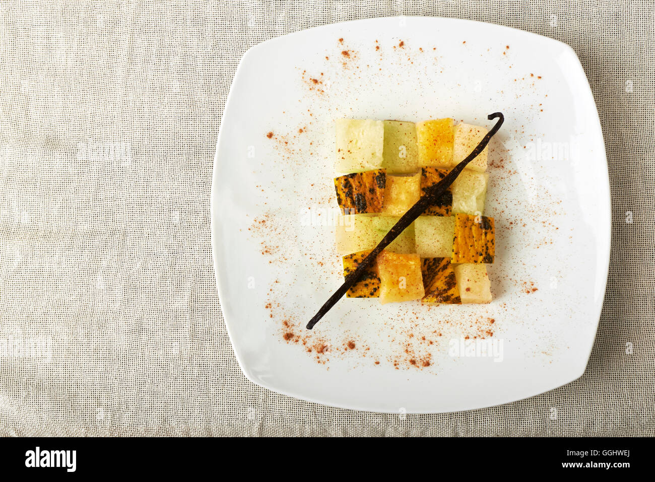 Fresh melon in cubes dredged with cinnamon spice clove and vanilla ...