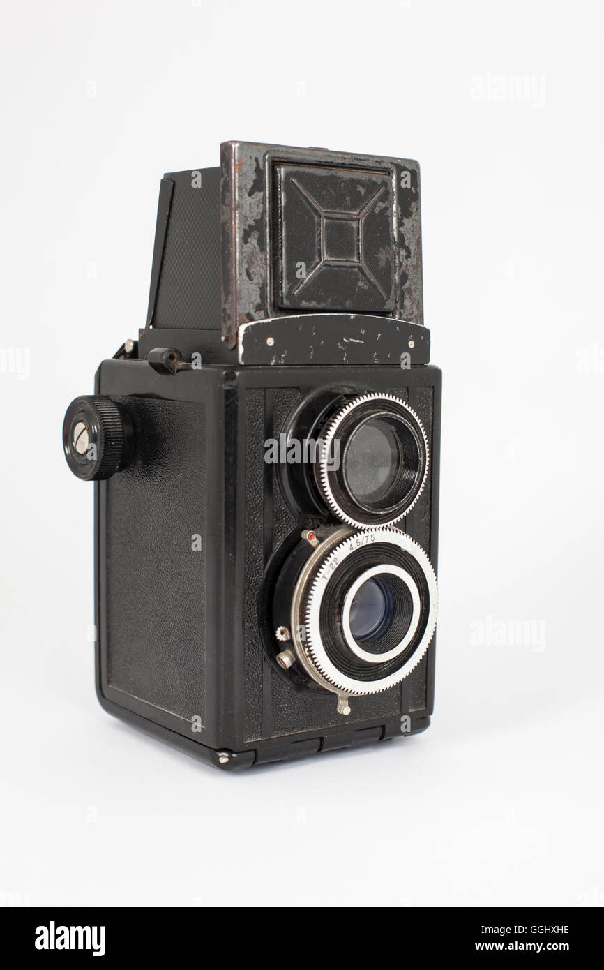vintage old photographic twin lens camera with white background Stock ...