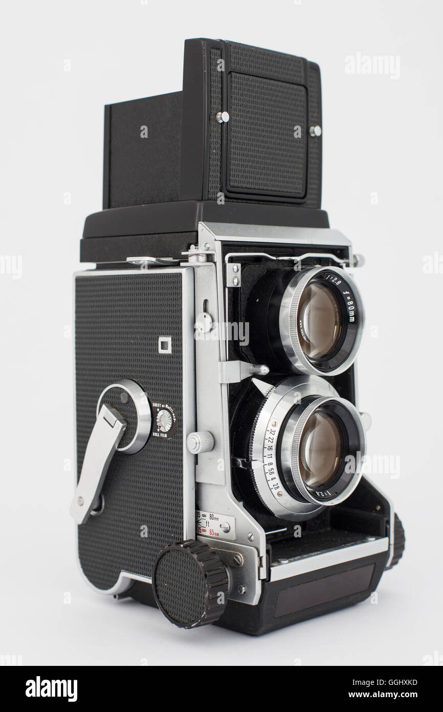 vintage old photographic twin lens camera with white background Stock ...