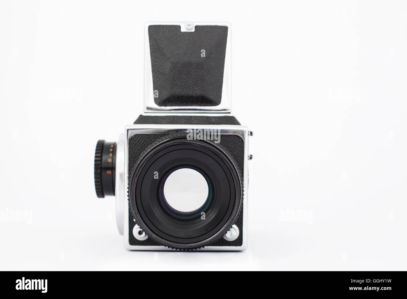vintage old photographic medium format camera with white background ...