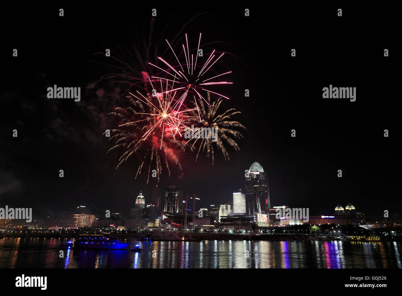 Fireworks bursting over the city of Cincinnati and the Ohio River ...