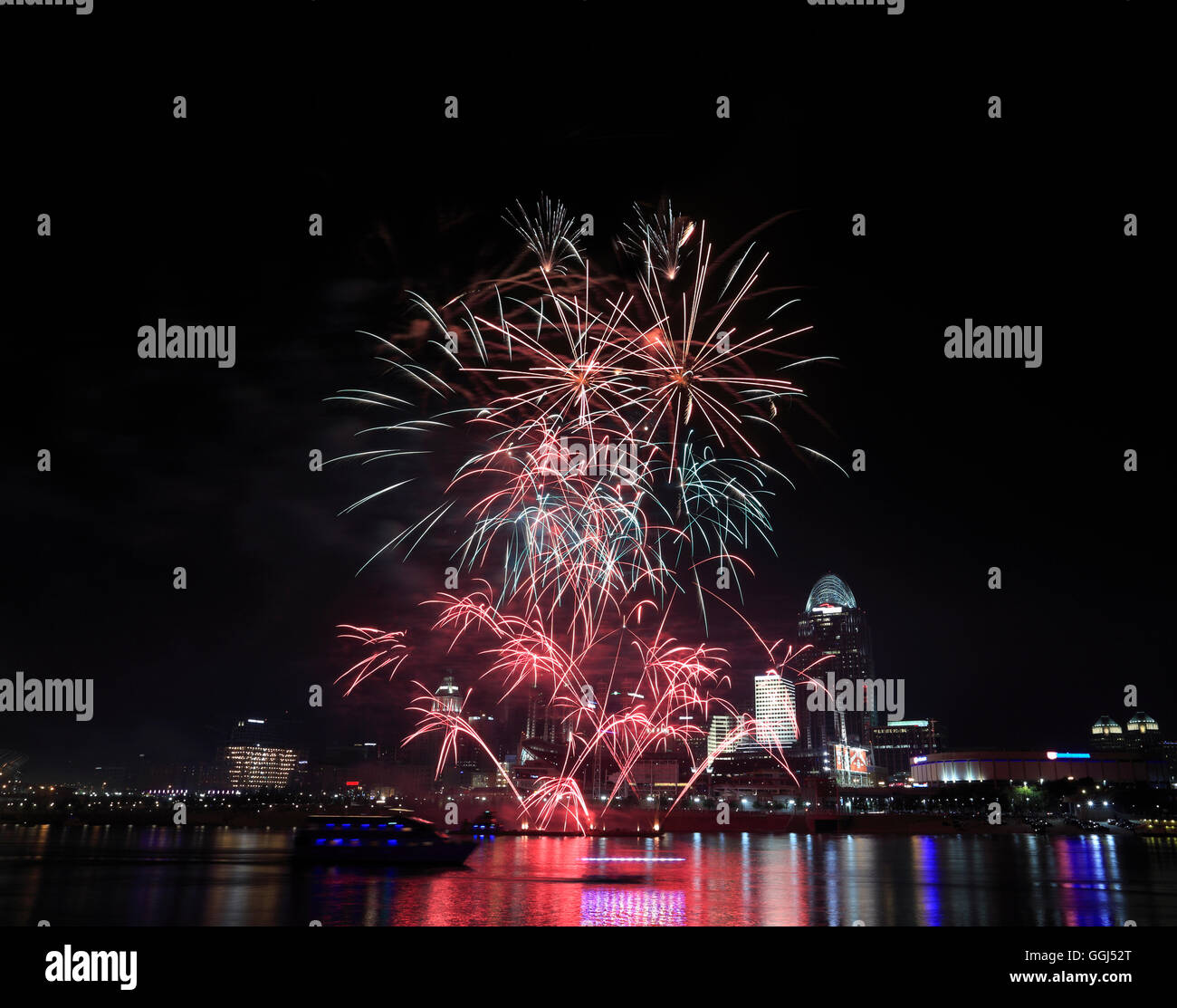 Fireworks bursting over the city of Cincinnati and the Ohio River ...