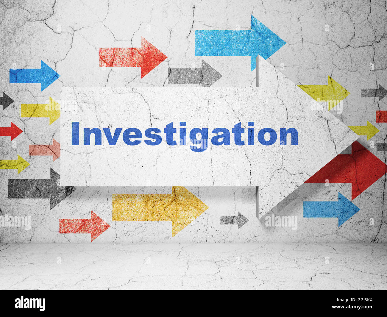 Science concept: arrow with Investigation on grunge wall background ...