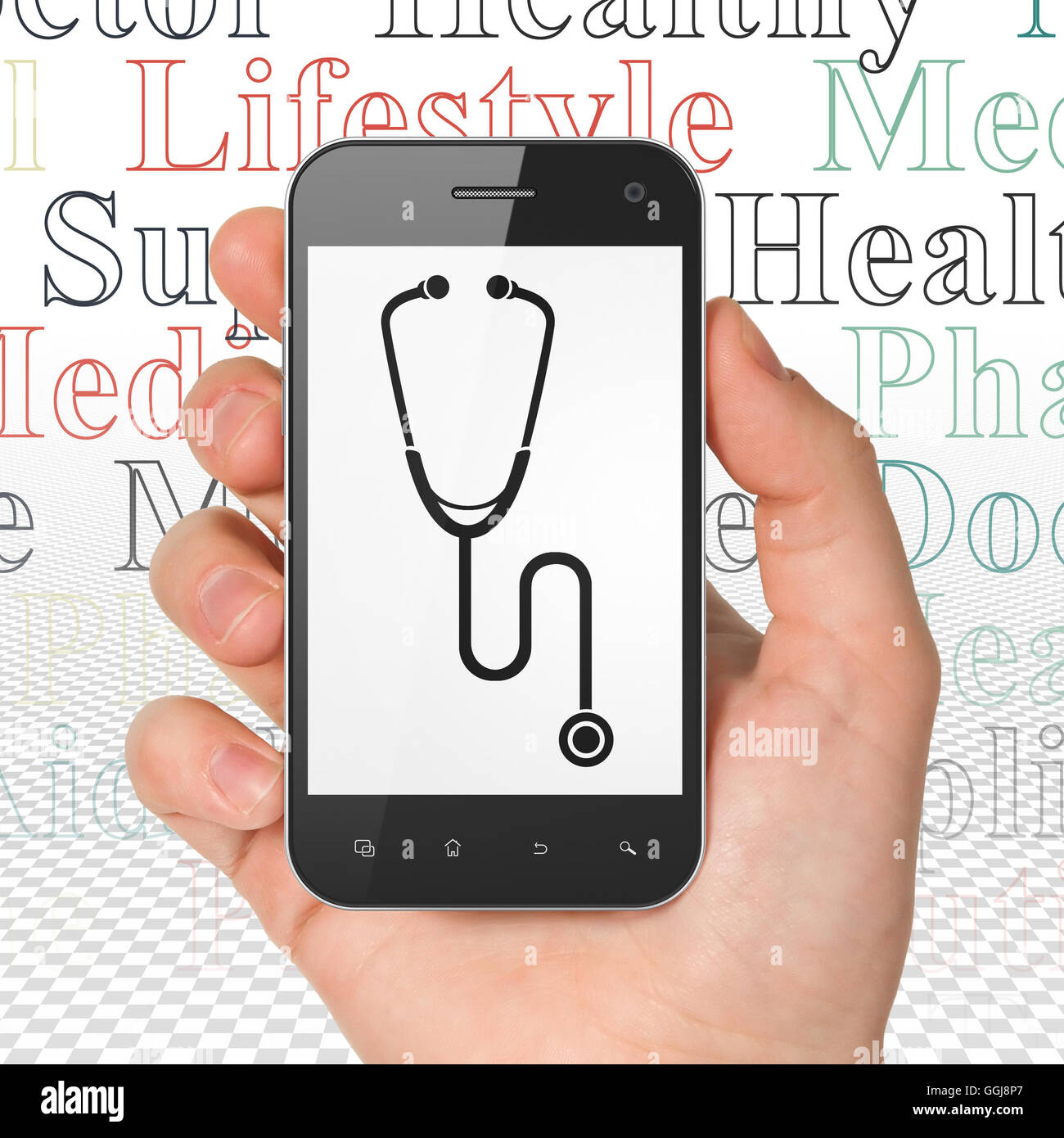 Health concept: Hand Holding Smartphone with Stethoscope on display ...