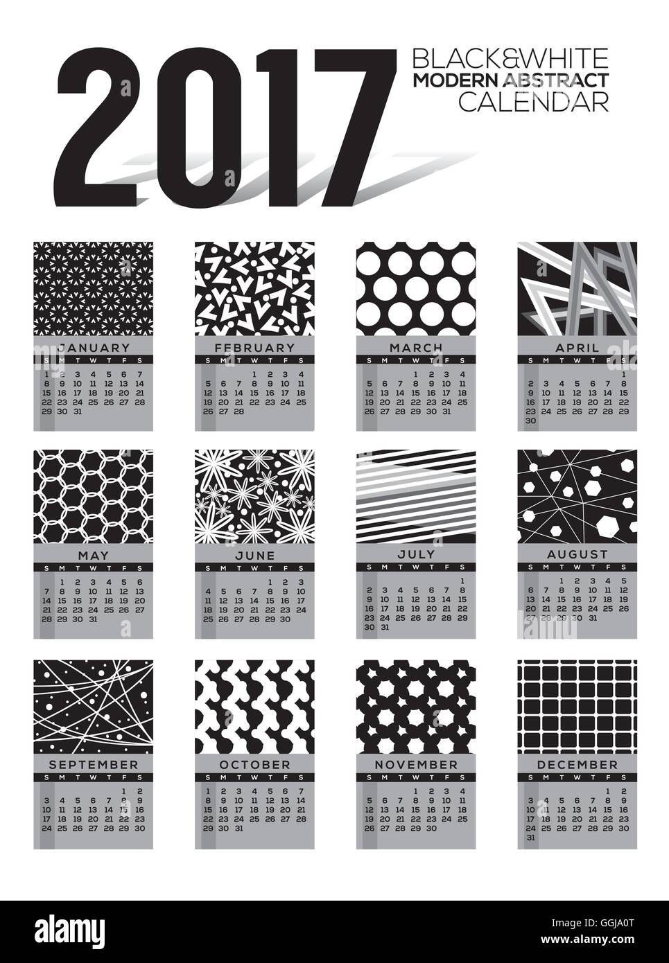 Modern Abstract 2017 Printable Calendar Starts Sunday Black And White ...
