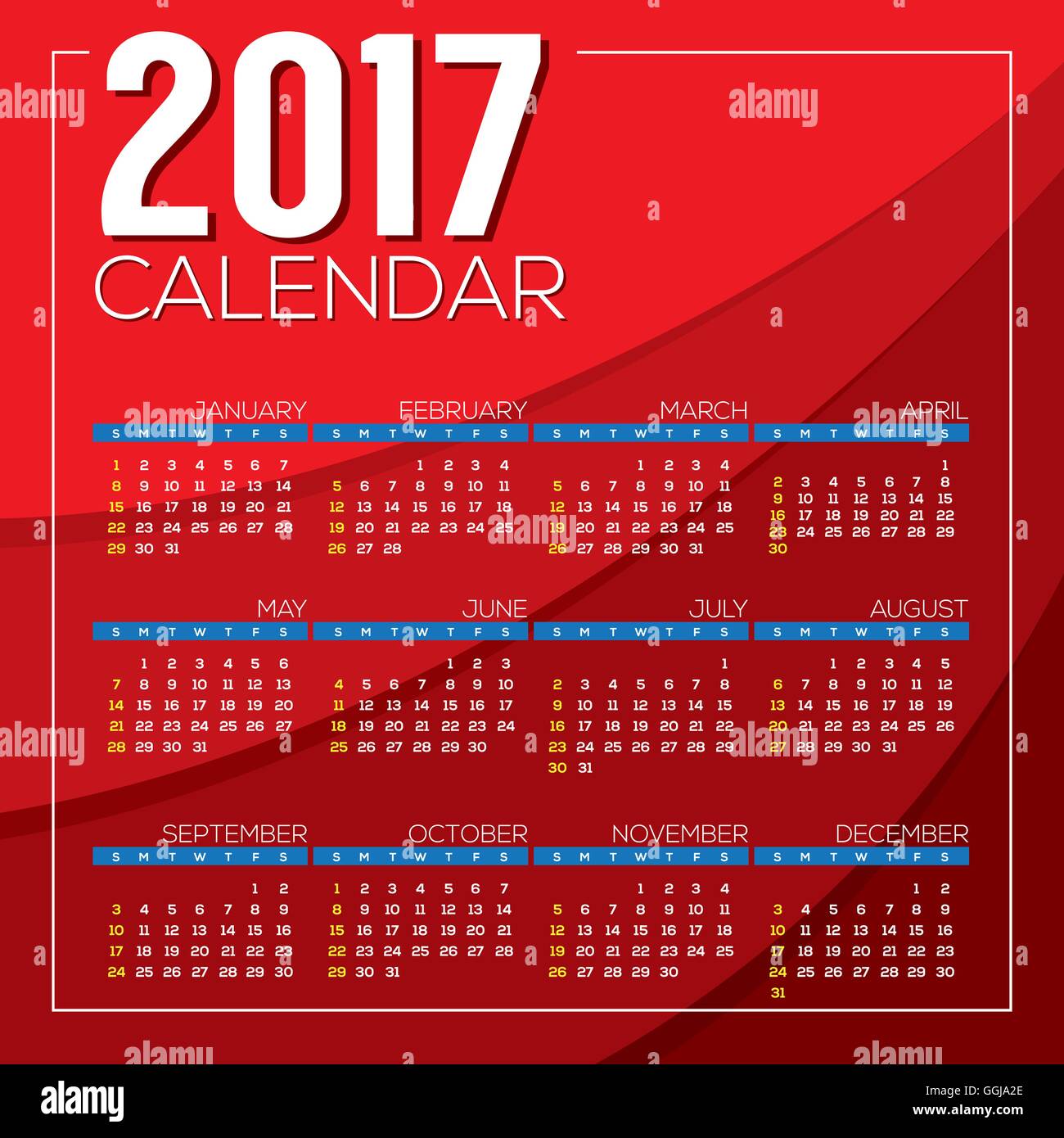 Modern Abstract 2017 Printable Calendar Starts Sunday Red Background ...