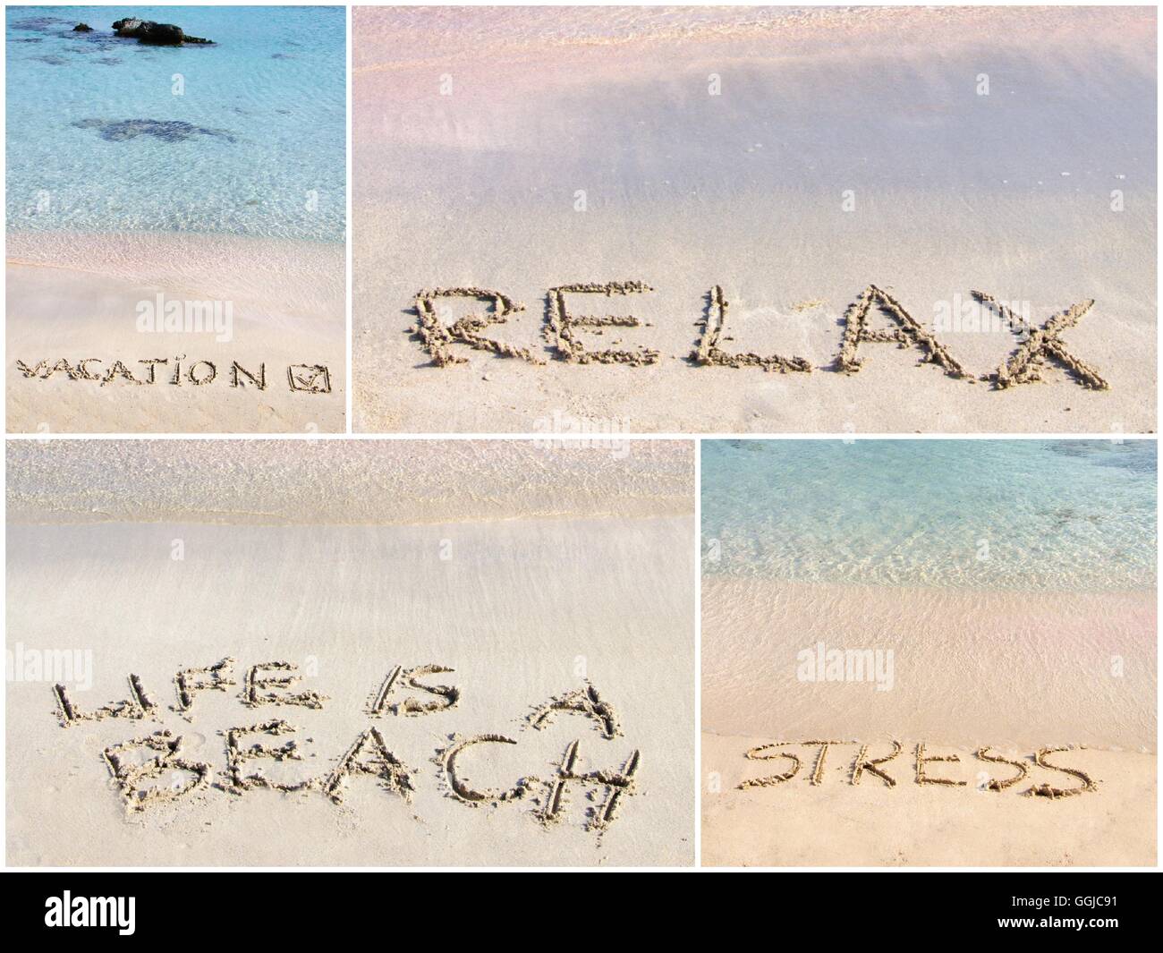 Photo collage of relaxation messages written on sand. Vacation, Relax ...