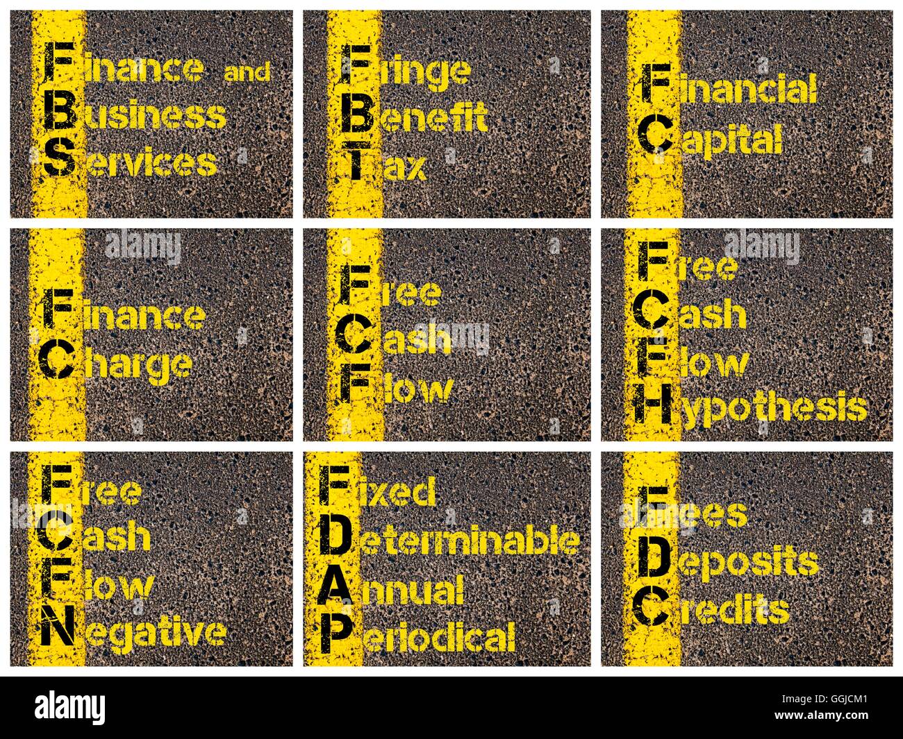 Photo collage of Business Acronyms written over road marking yellow ...