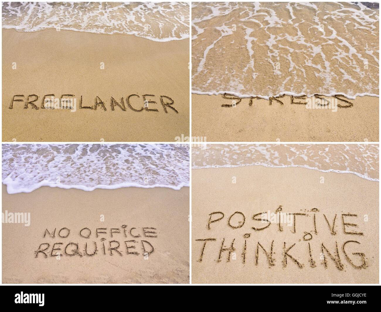 Photo collage of relaxation messages written on sand. Freelancer, No ...