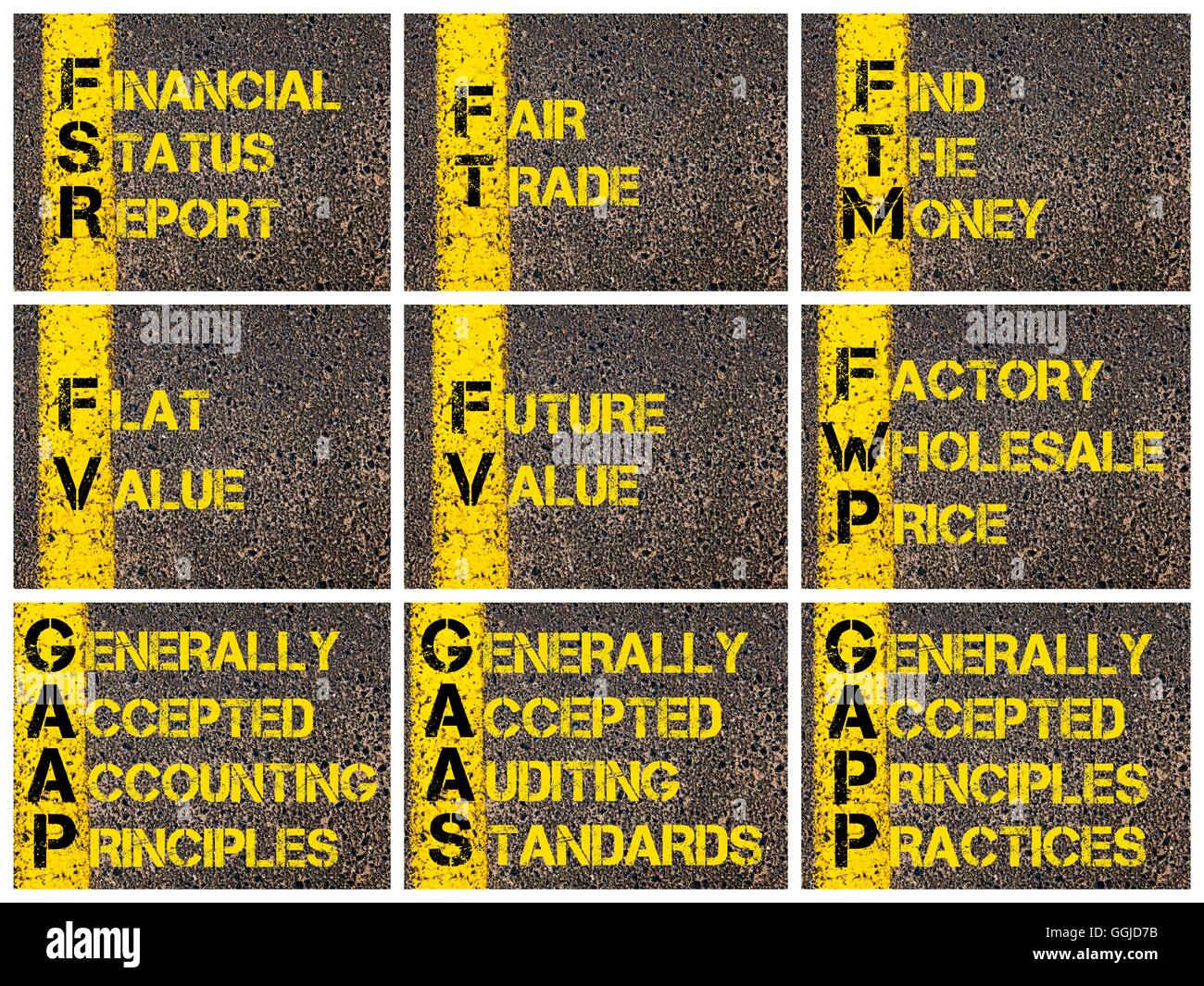 Photo collage of Business Acronyms written over road marking yellow ...