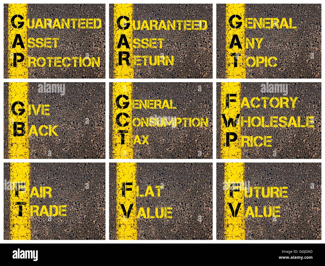 Photo collage of Business Acronyms written over road marking yellow ...