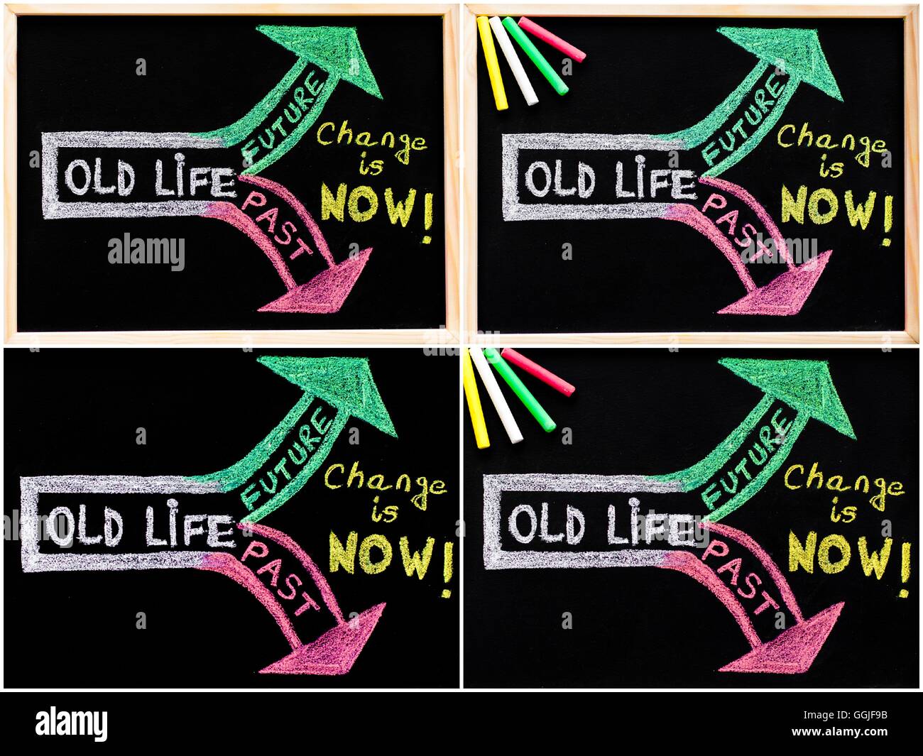 Photo collage of conceptual images with message Change is now ...