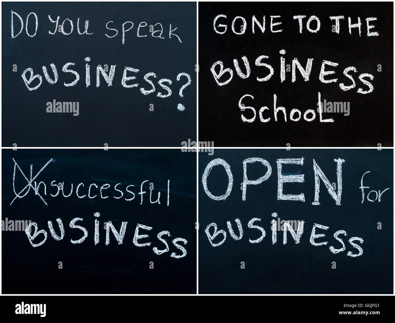 Photo collage of business messages written with white chalk on ...