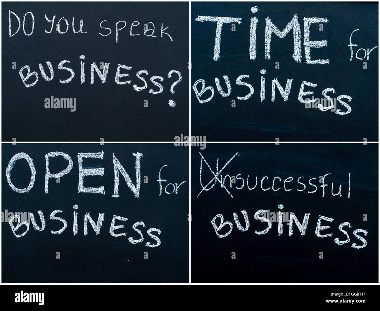 Photo collage of business messages written with white chalk on ...