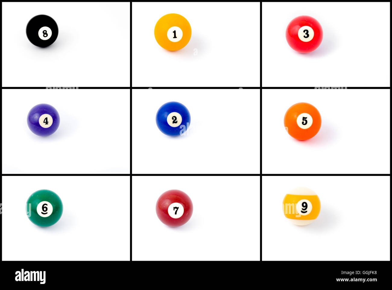Photo collage of billiard balls from one to nine isolated on white ...