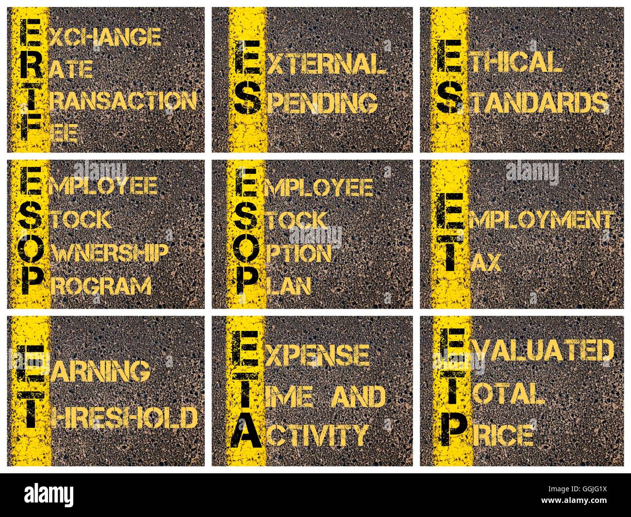 Photo collage of Business Acronyms written over road marking yellow ...