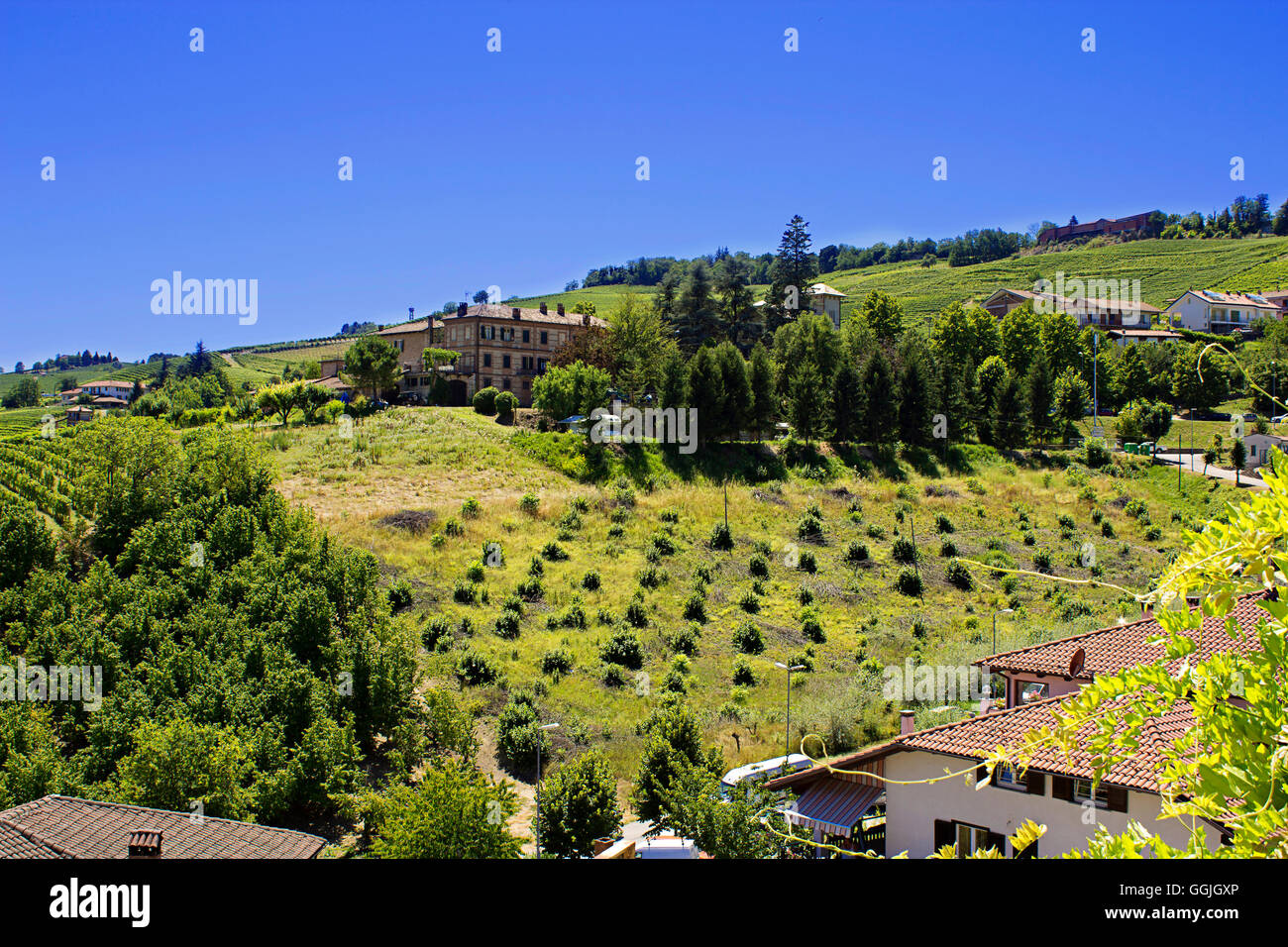 Landscape view of the well-known town of Barolo among green hills and ...