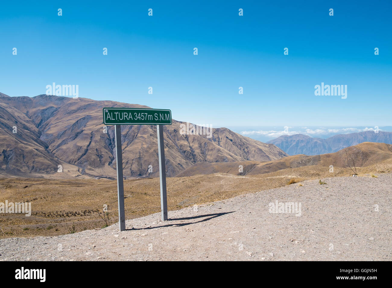 Sign stating high altitude on an Argentinian Andean pass Stock Photo ...