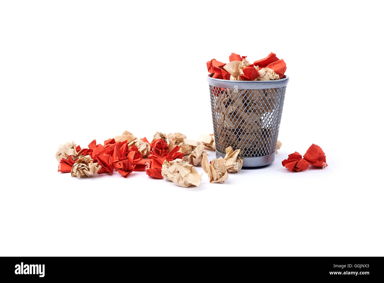 Iron trash bin full of paper isolated on white background Stock Photo ...