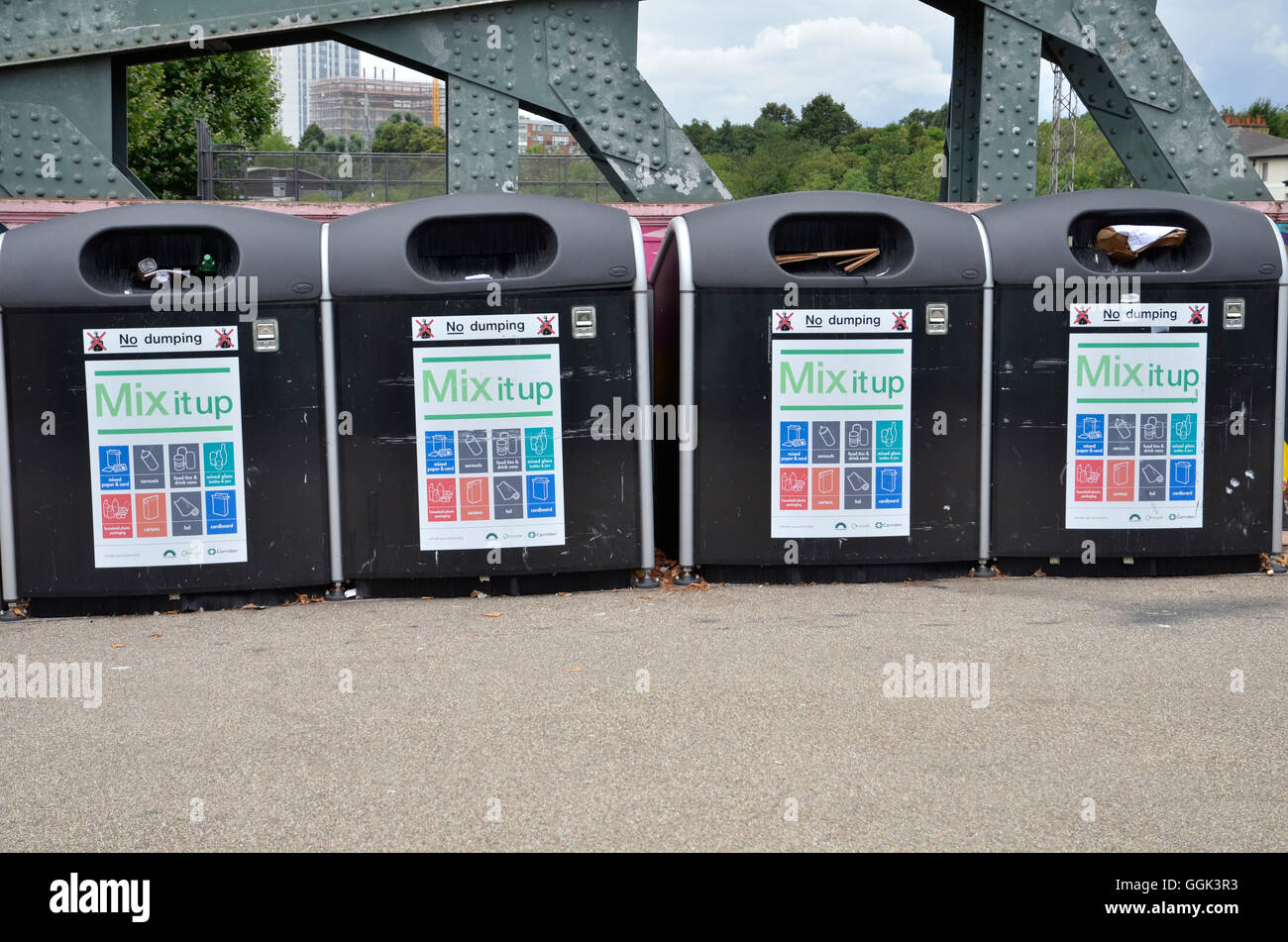 Recycling bins on a bridge in Primrose Hill, north London Stock Photo ...