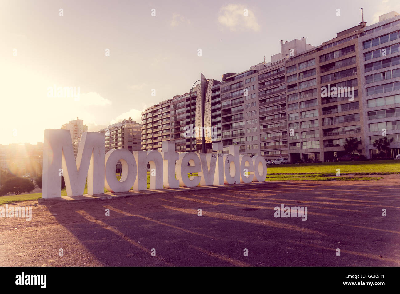 MONTEVIDEO, URUGUAY - MAY 04, 2016: montevideo sign with nice sunset ...