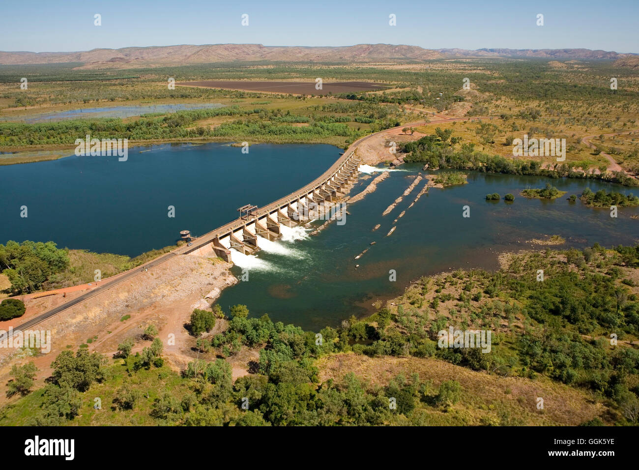Aerial of the Ord River Diversion Dam with 20 locks and Victoria ...