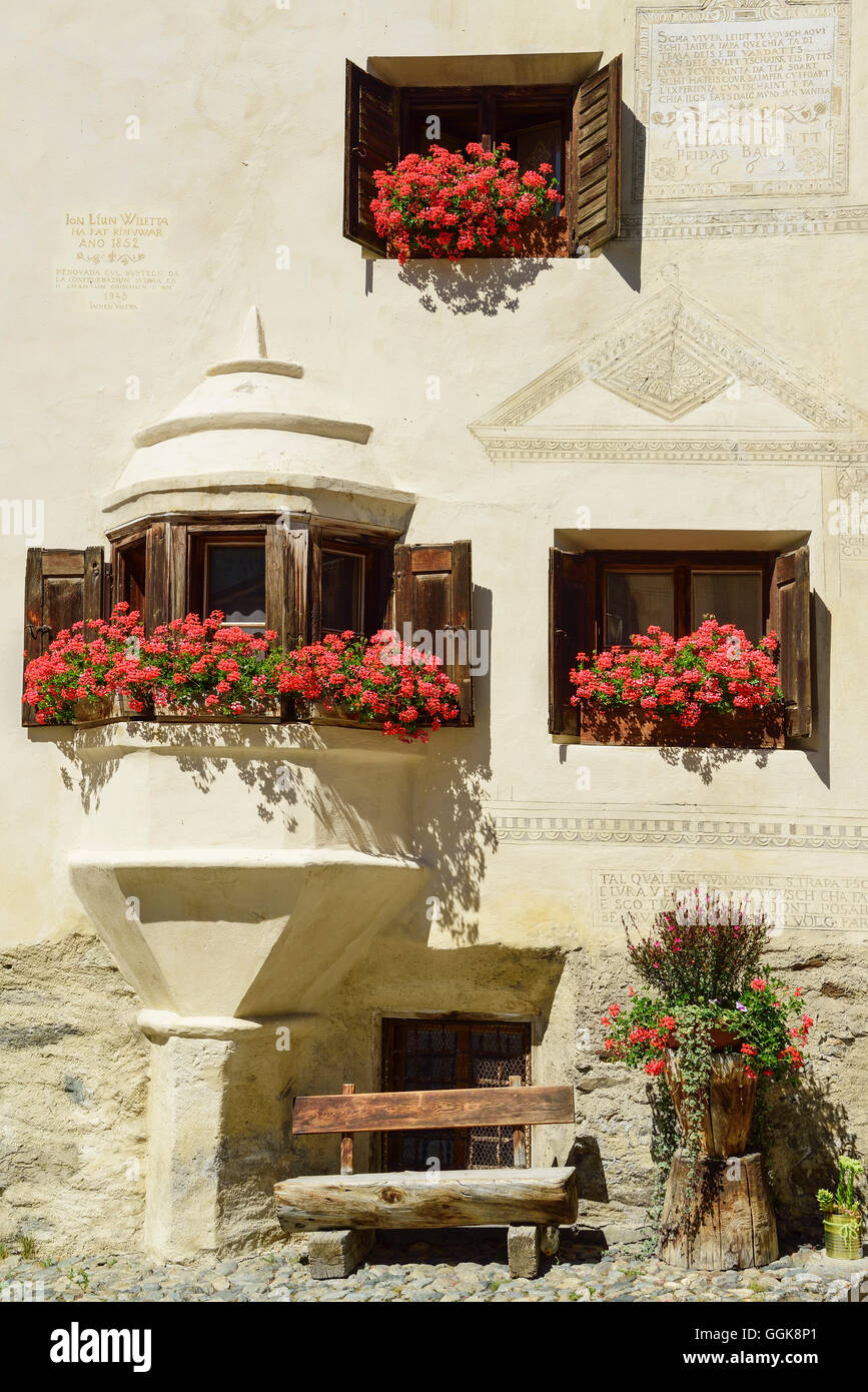 Windows with geraniums of an Engadin house, Guarda, Lower Engadin ...