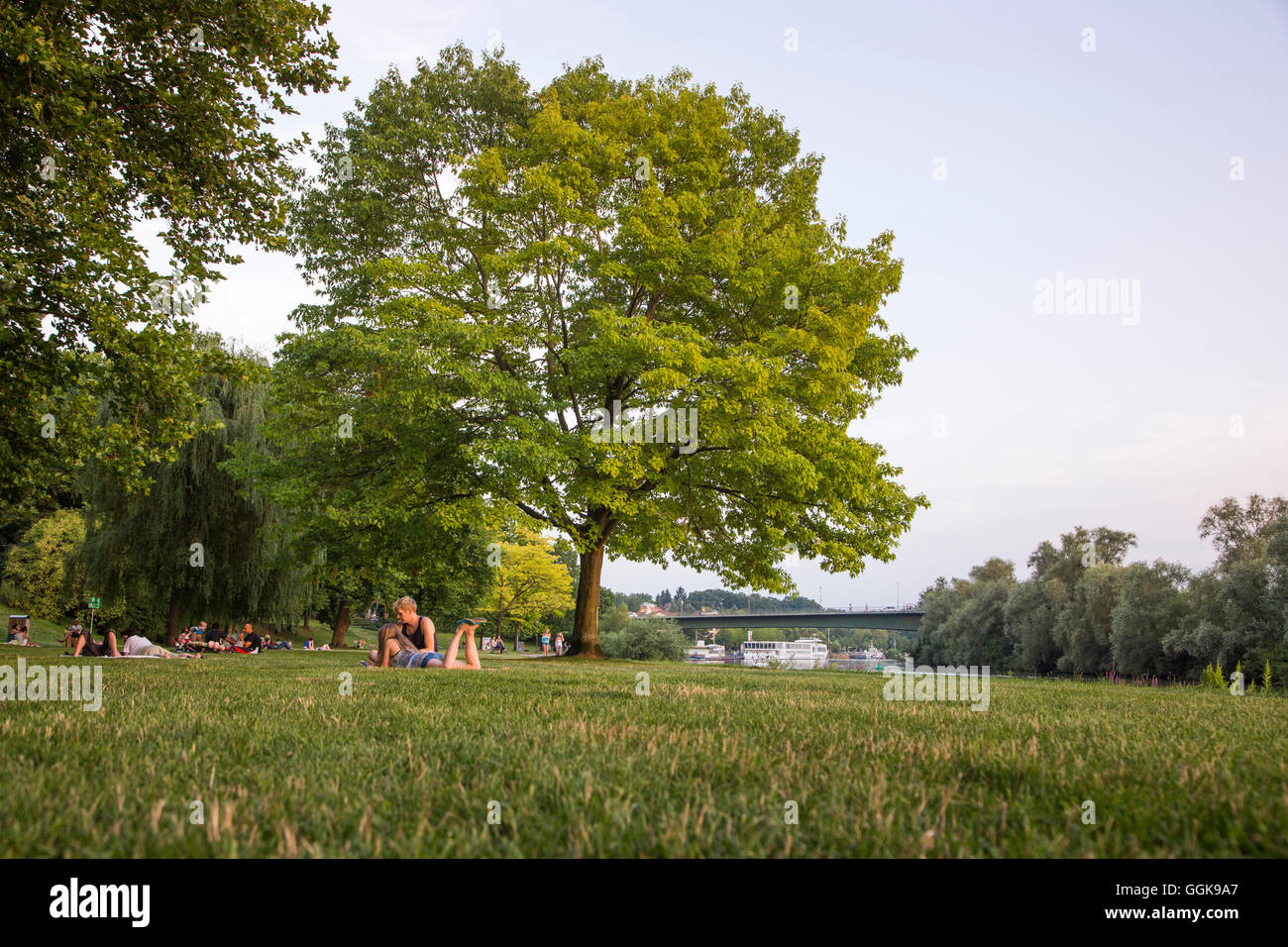 People relaxing in parkland near the Main river promenade ...