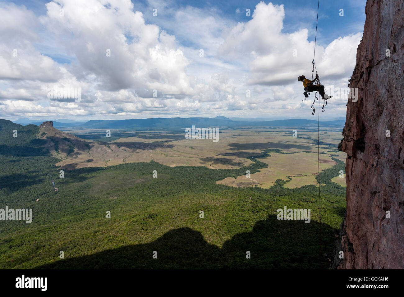 Climber ascending on a fixed rope, Acopan Tepui, Macizo de Chimanta ...