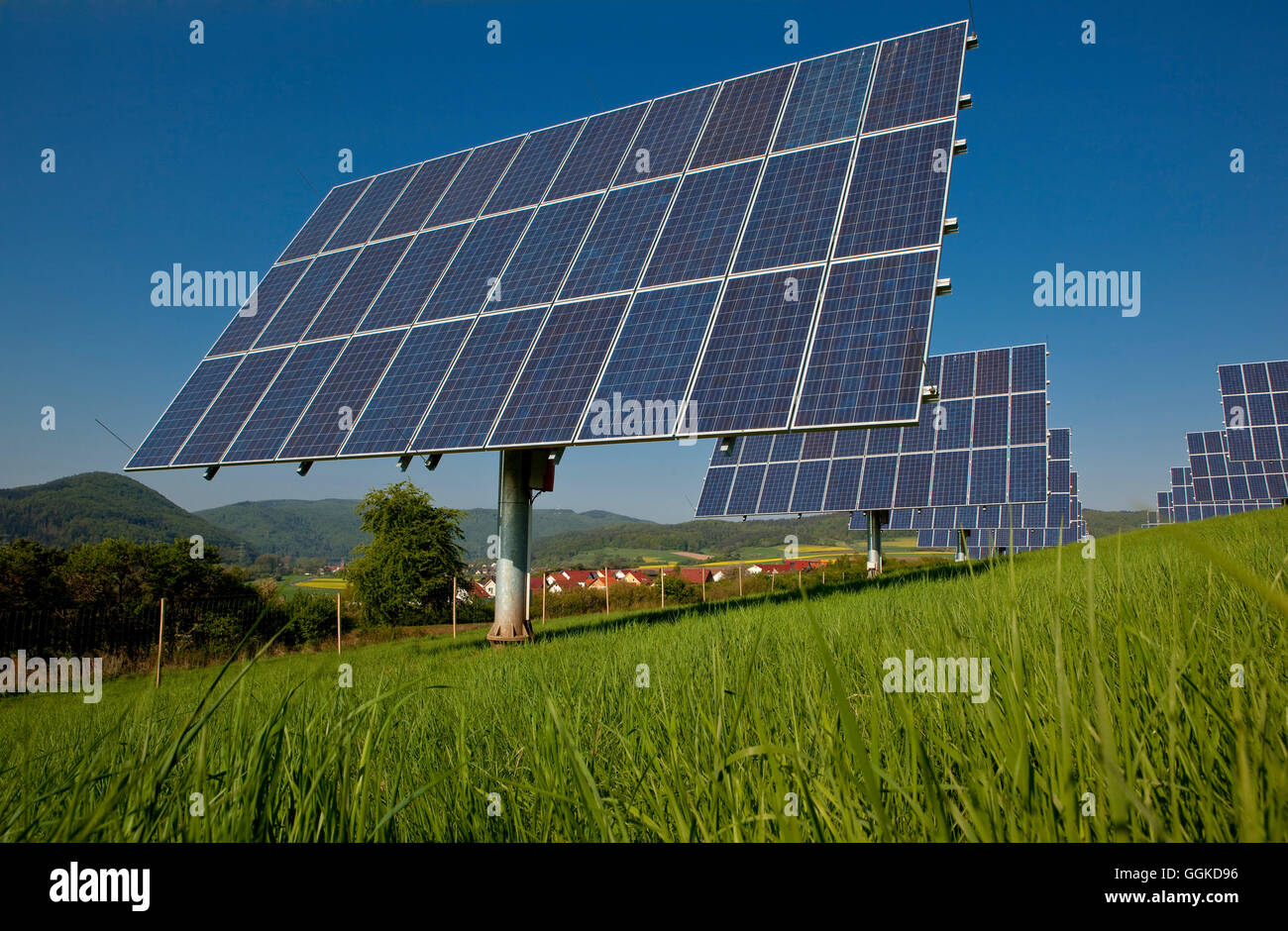 Solar park in summer, close-up of a rotating solar tree following the ...