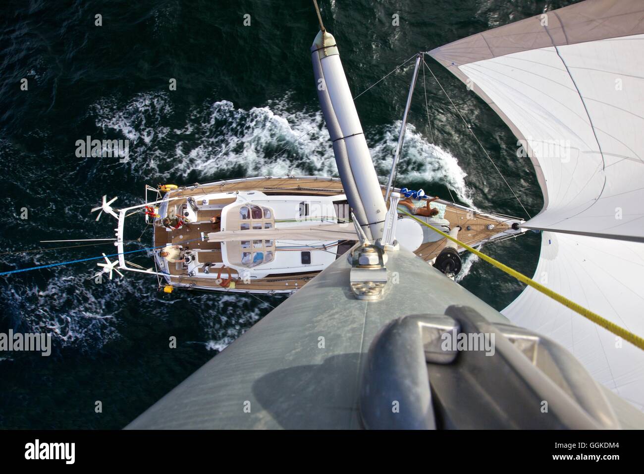 Sailing boat, yacht seen from above with trade wind sails during the ...