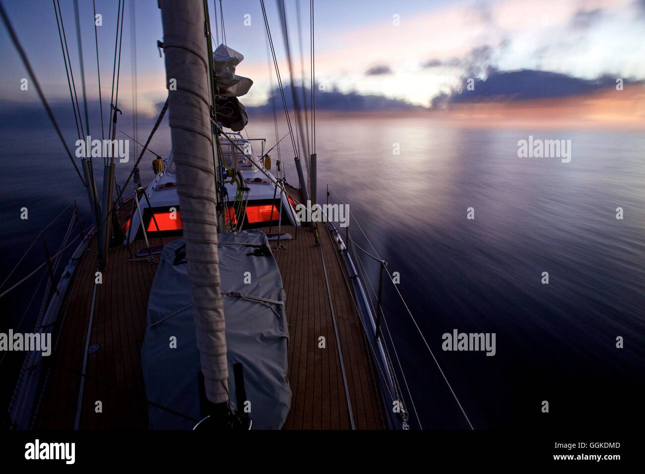Sailing boat, yacht with night lighting system in the dusk, Sailing ...