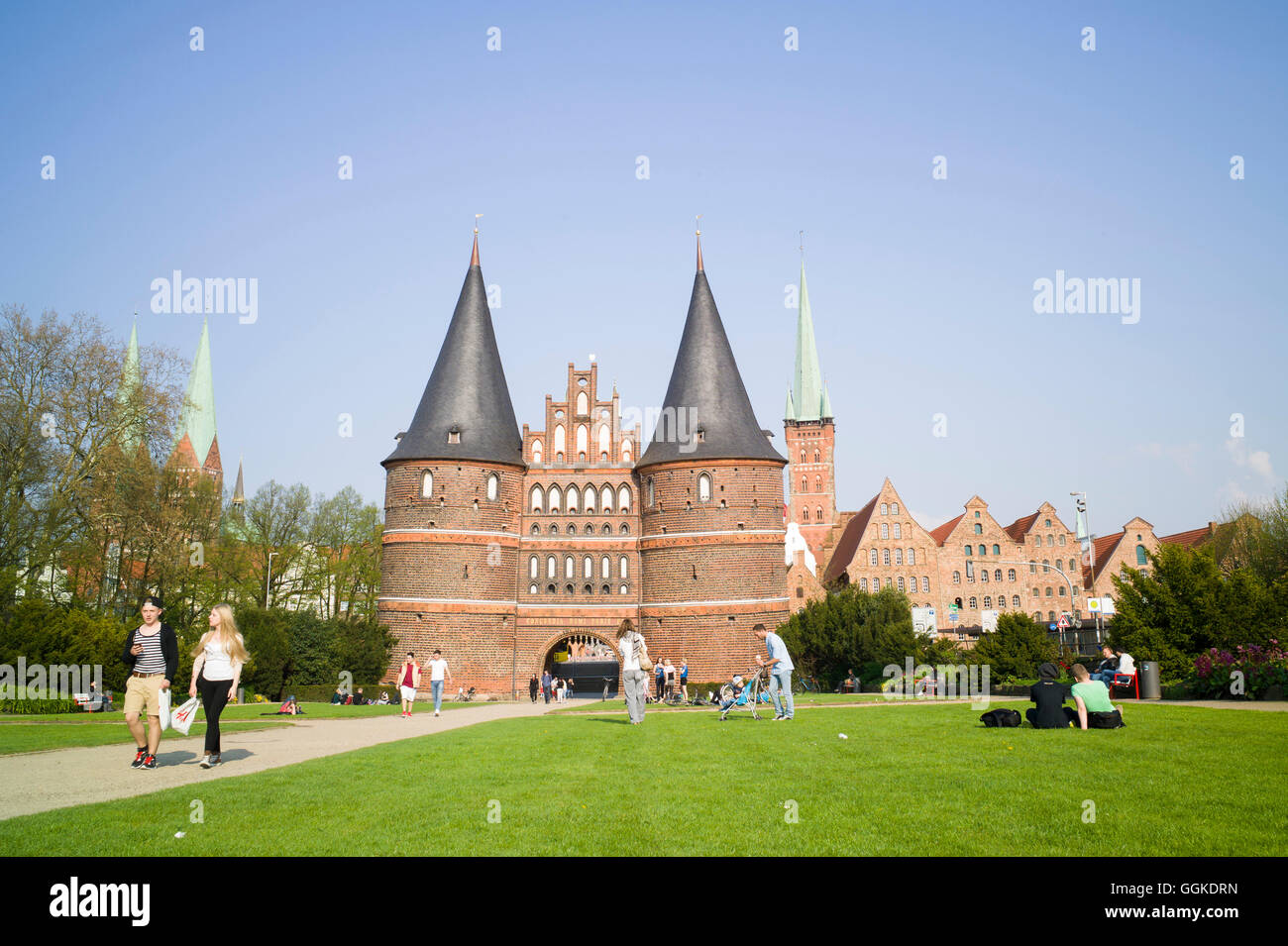 Holsten Gate with salt storehouses and churches of St. Peter and St ...