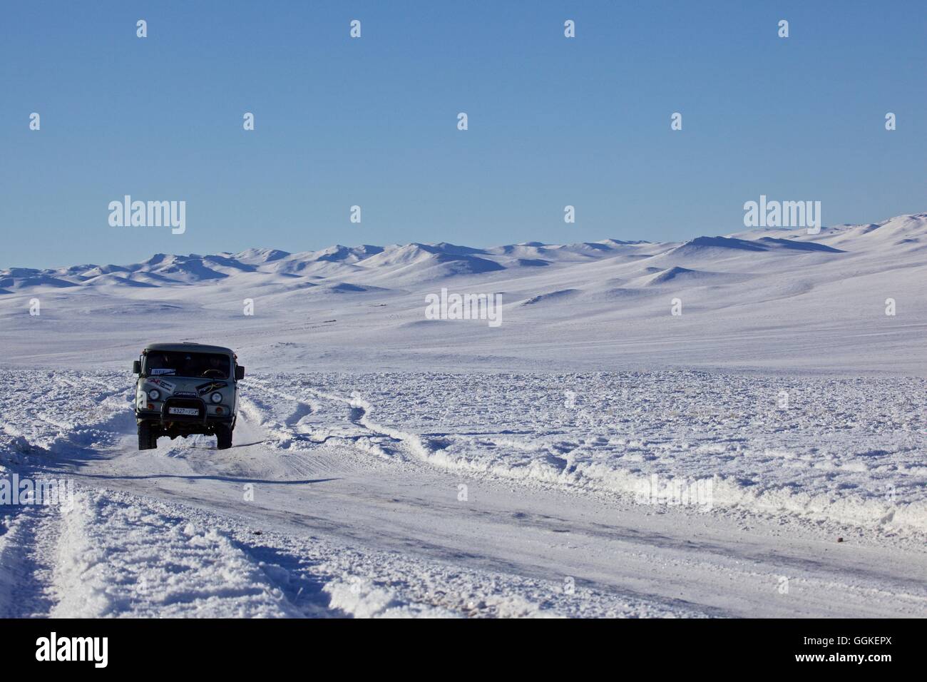UAZ bus in the Mongolian steppe in winter, Mongolia Stock Photo - Alamy
