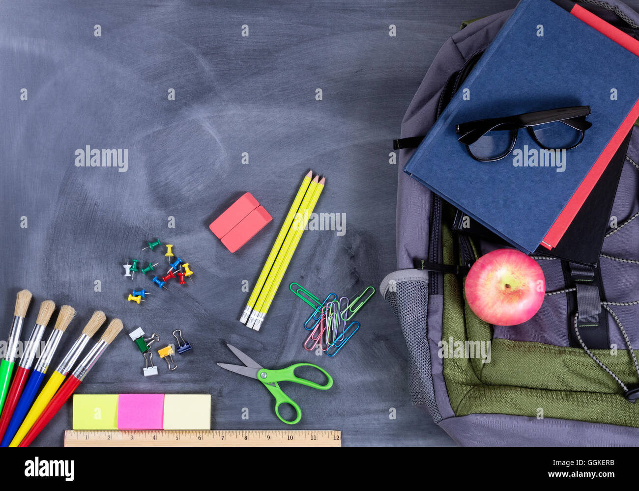 Back to school concept with backpack and traditional supplies on ...