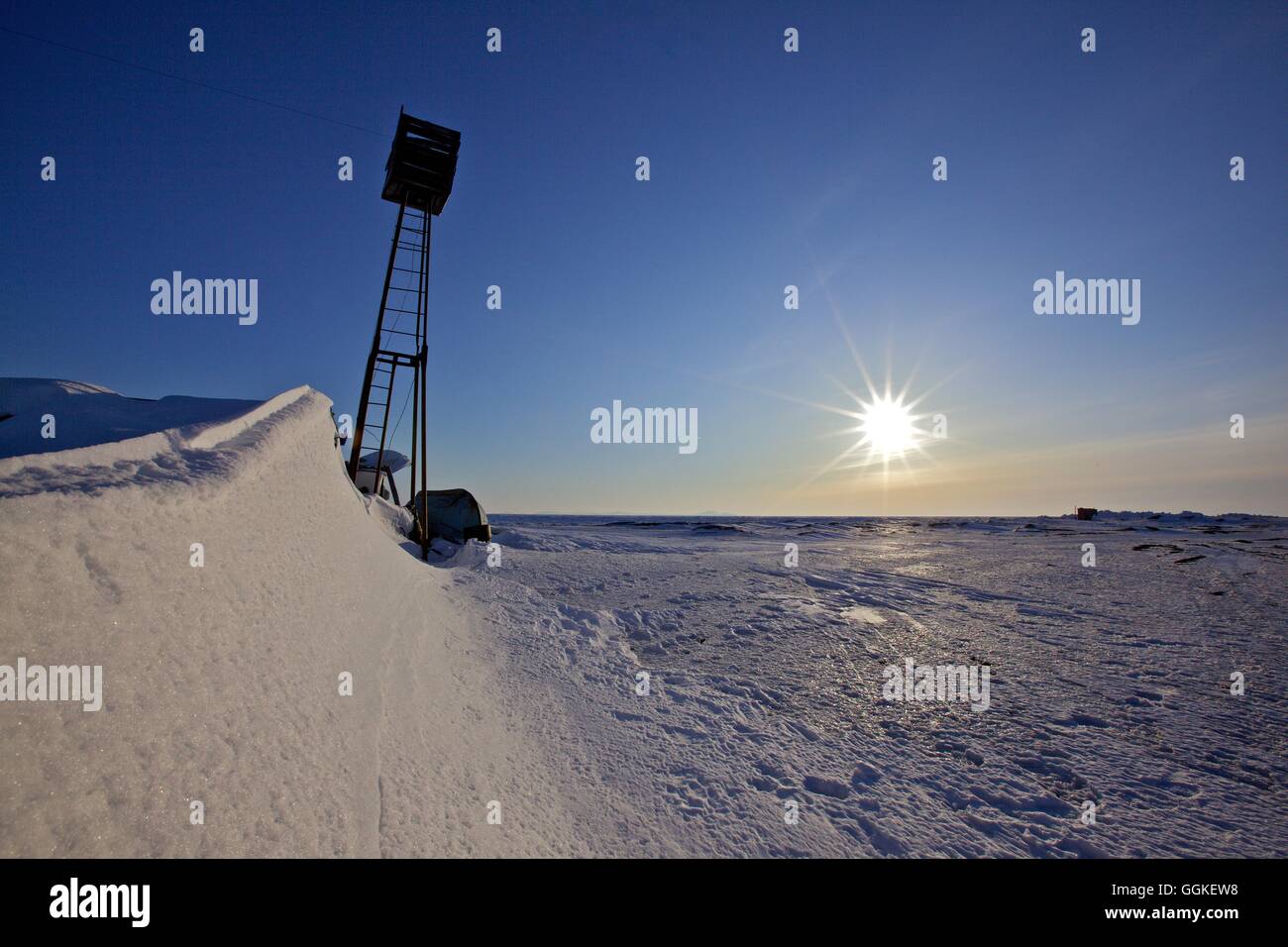 Observation tower for whalers along the coast of the Bering Sea in the ...